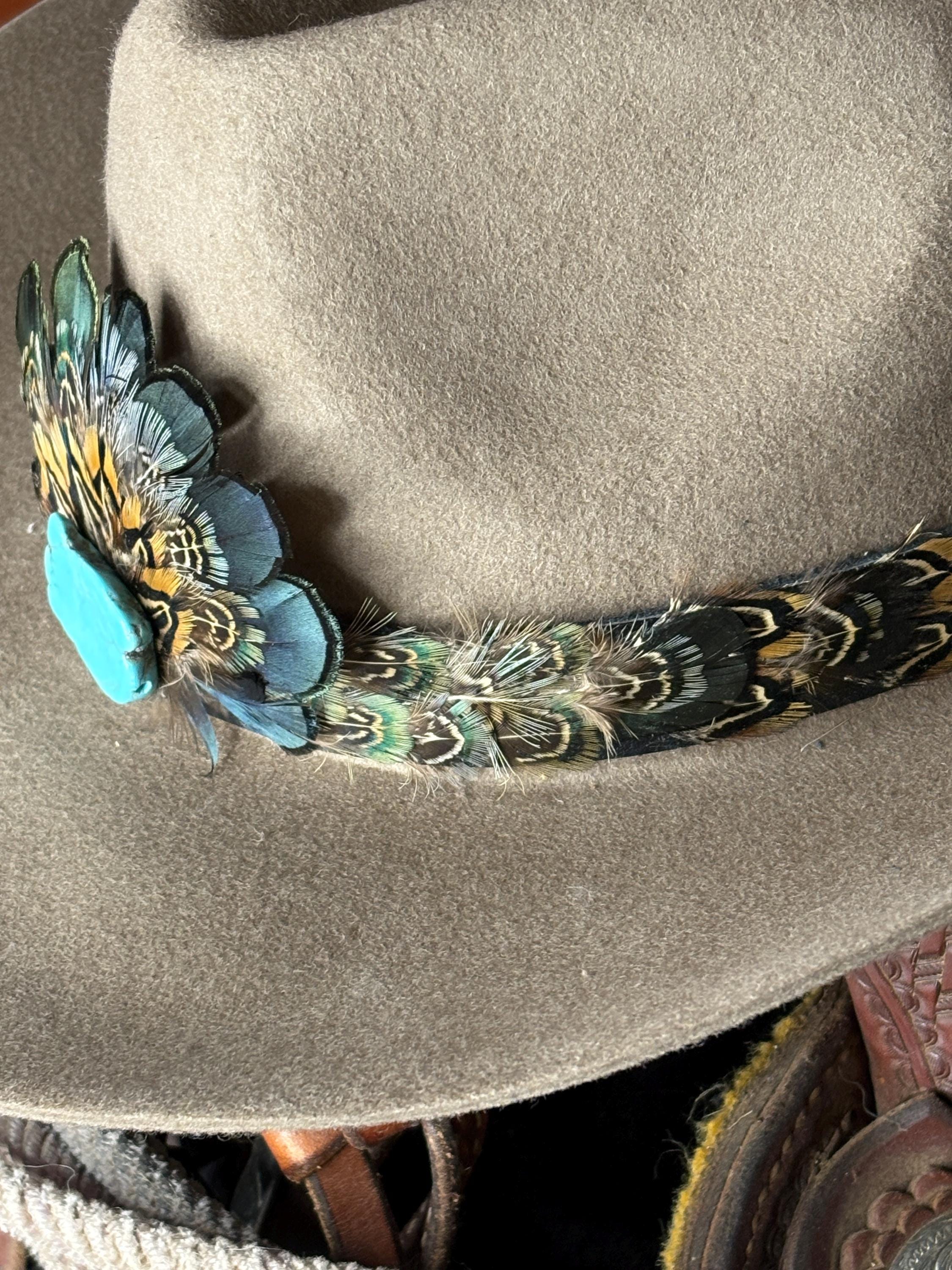 Handcrafted Feather Hat Band: Green Pheasant & Turquoise Stone - Etsy