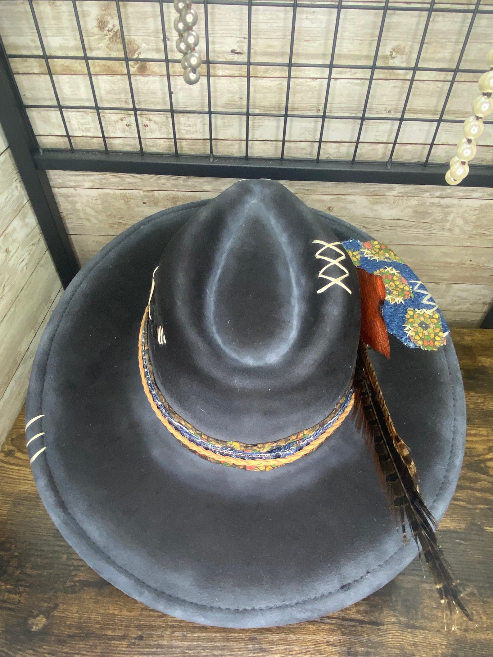 Hobo Chic Black Distressed Hat With Denim and Corks Patches and Sinew ...