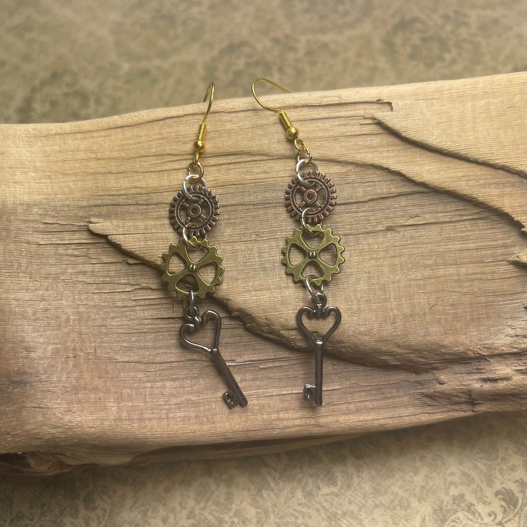 Steampunk Gear Cog Clock Skeleton Key Dangling Earrings - Etsy