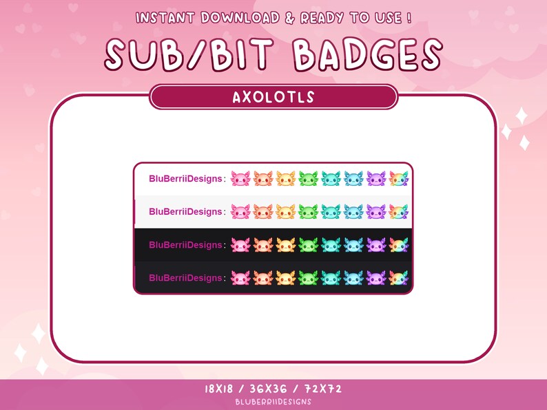 8 Cute Axolotl Sub Bit Badges For Twitch Stream Discord Role Youtube Sparkle Aquatic Vtuber