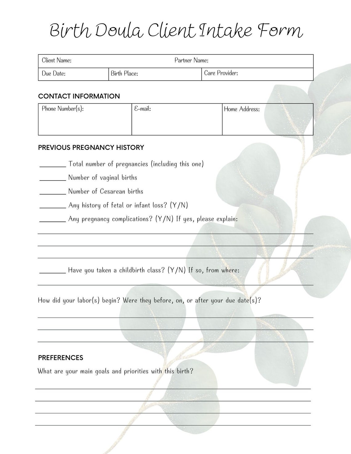 Birth Doula Client Intake Form - Etsy