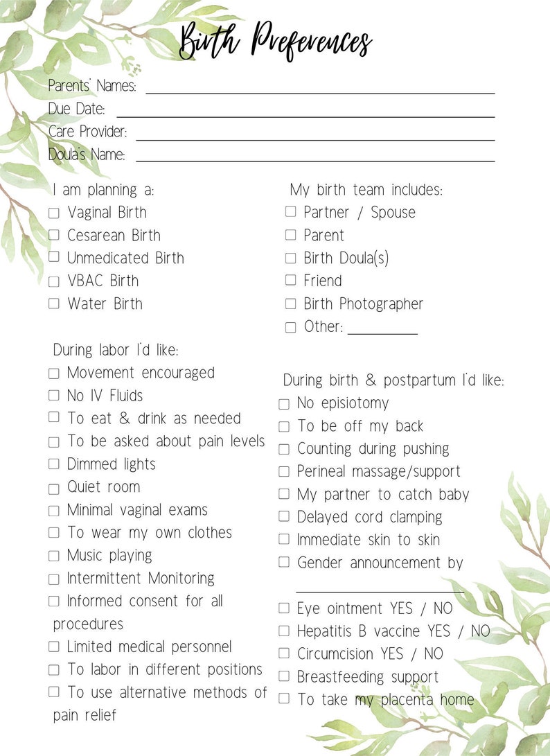 Birth Plan Birth Preferences Template - Etsy