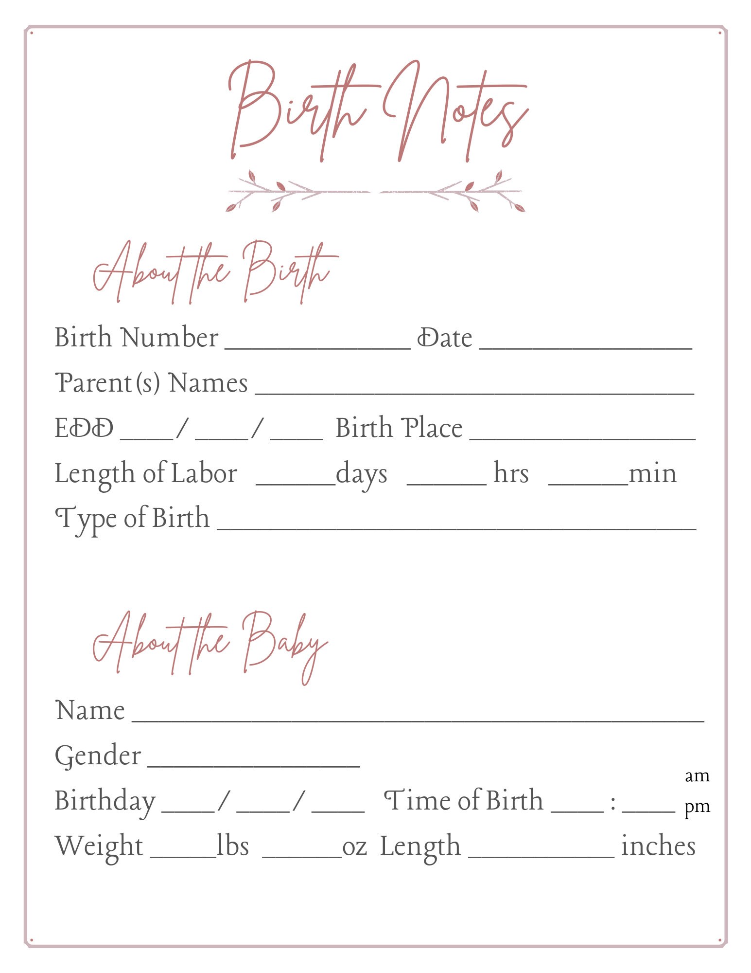 Birth Log Printable - Birth Journal for Doulas - Etsy