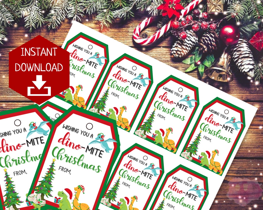 Wishing You a Dino-mite Christmas Gift Tag | Cute Dinosaur Holiday Tag ...