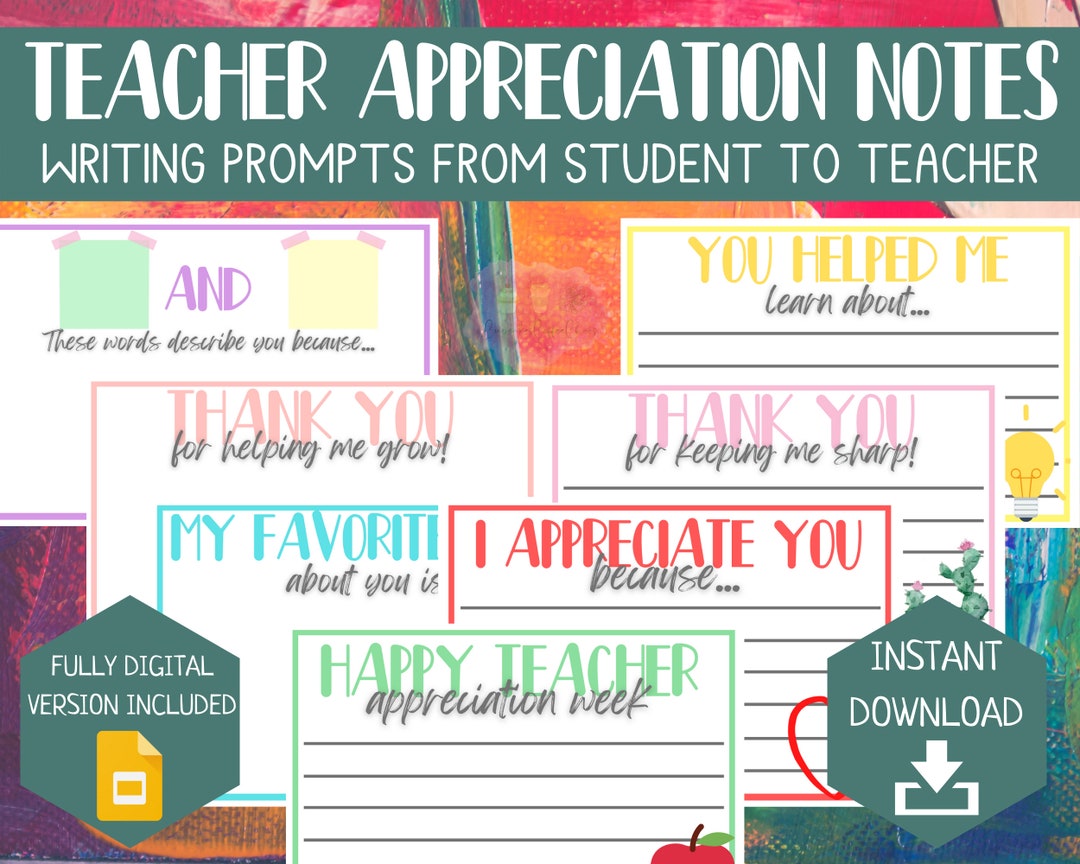 Teacher Appreciation Notes | Writing Prompts From Student to Teacher ...