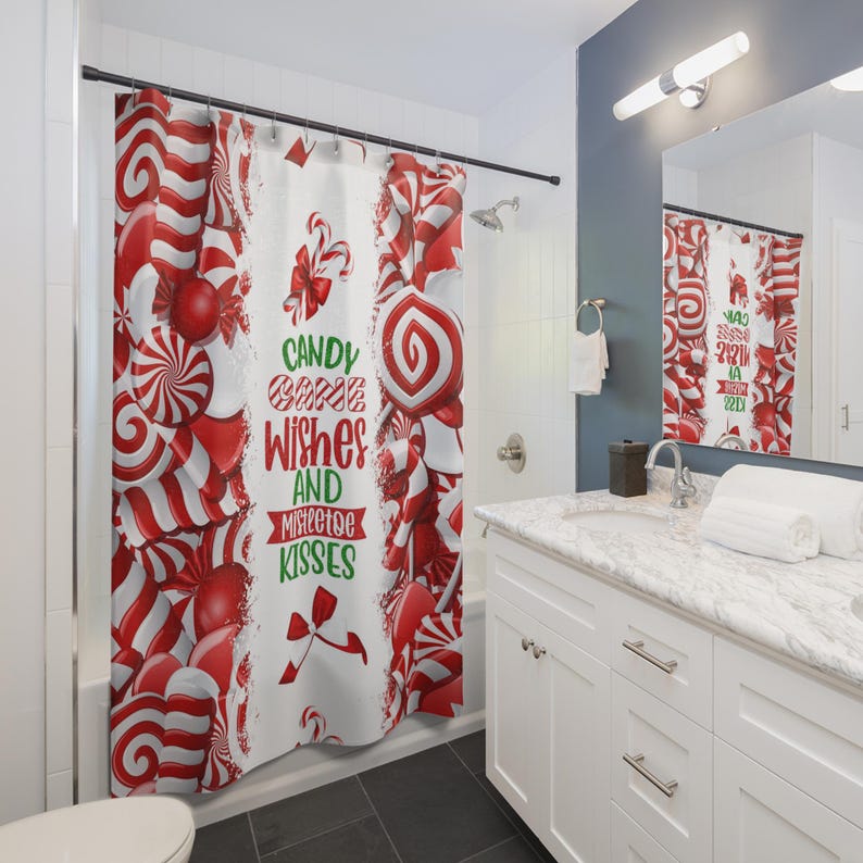 Candy Cane Wishes and Mistletoe Kisses 71x74 Shower Curtain | Red ...