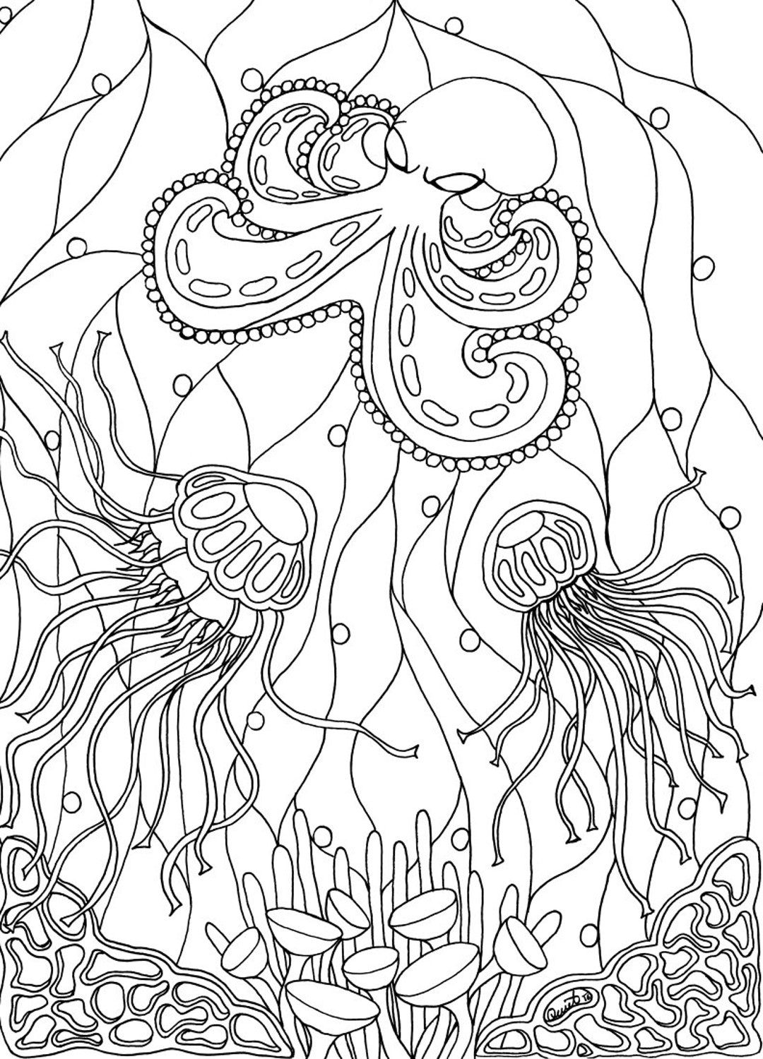 Octopus and Jellyfish Printable Coloring Page - Etsy