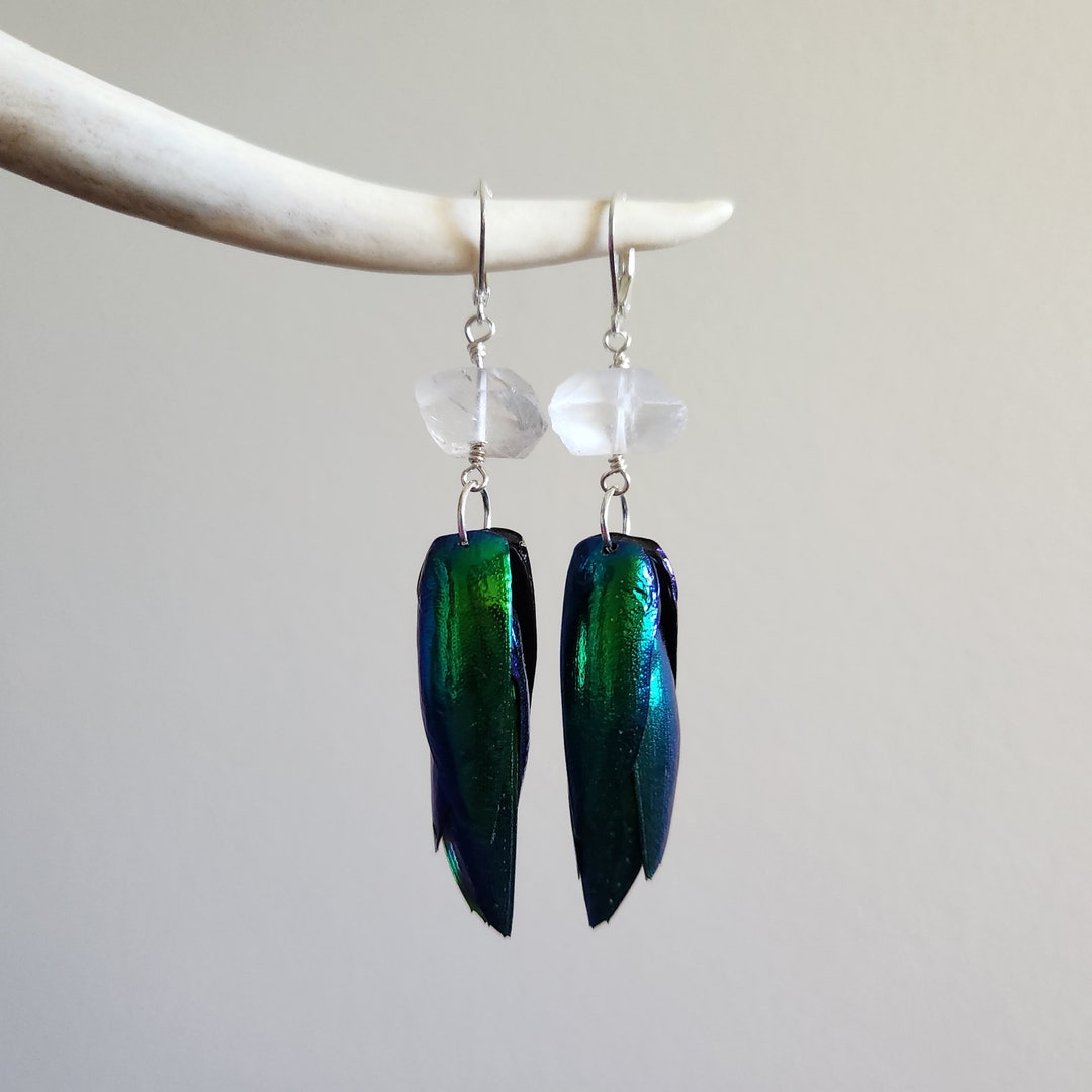 Crystal Quartz & Elytra Beetle Wings Earrings - Etsy