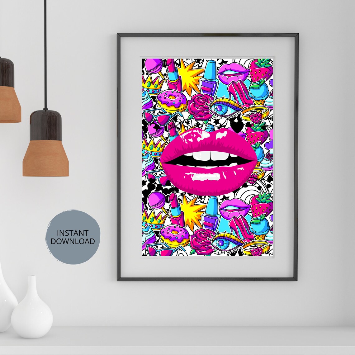 Pop Art Lips Printable, Graffiti Wall Art Decor, Pink Lips Digital ...
