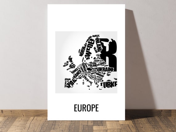 Europe Typography Map Europe Map Black White Print Words - Etsy