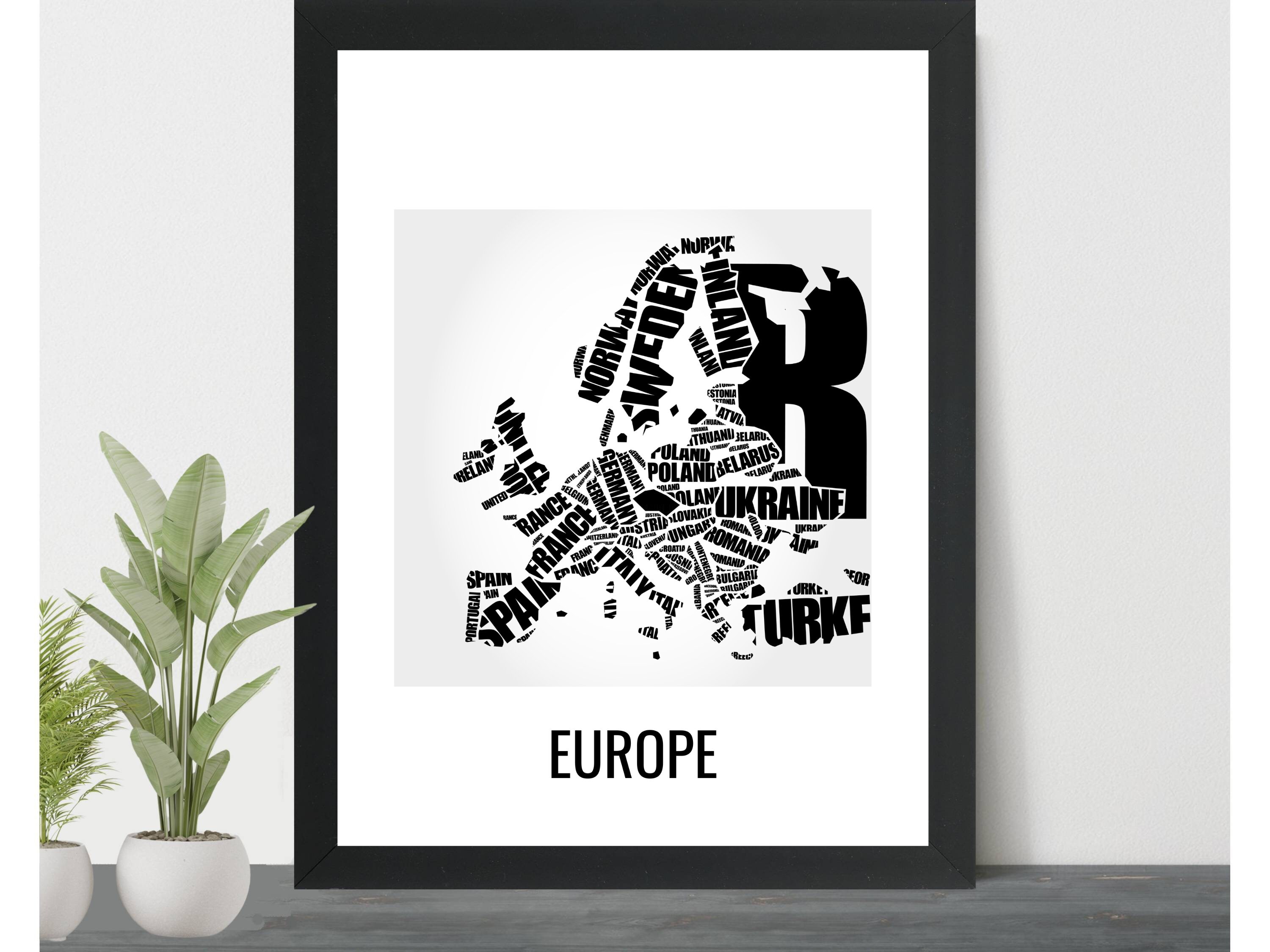 Europe Typography Map, Europe Map, Black White Print, Words Text Art ...