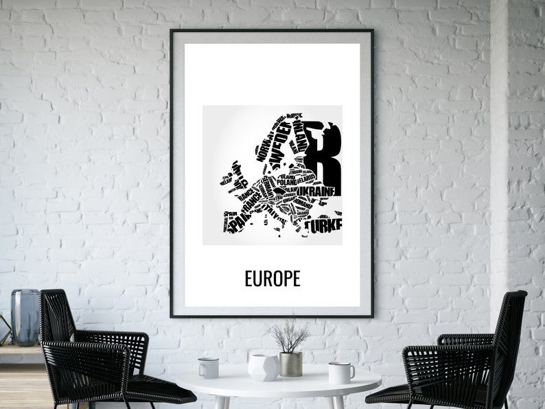 Europe Typography Map, Europe Map, Black White Print, Words Text Art ...