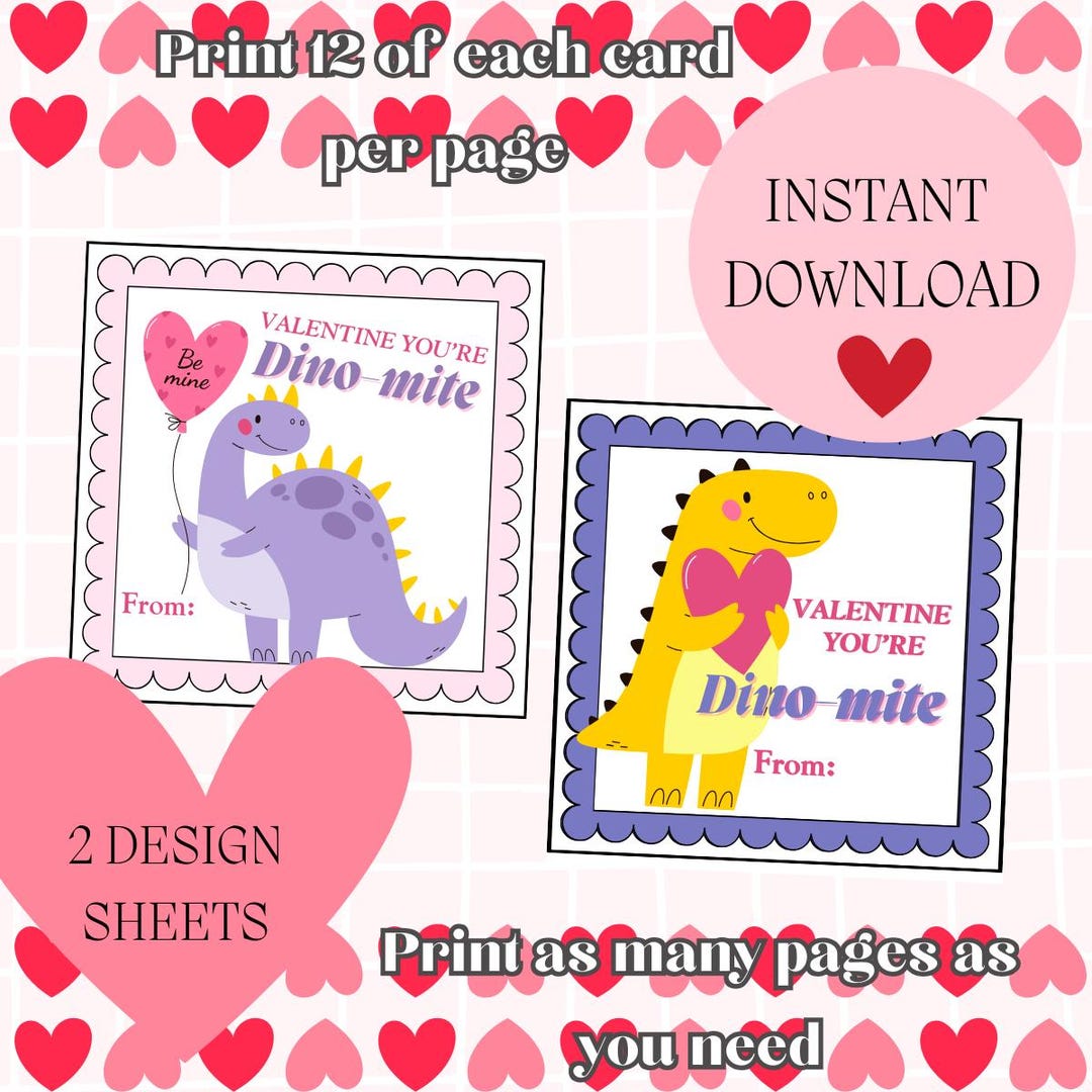 Dino-mite Dinosaur Classroom Valentine Cards, 2 Designs, Digital ...