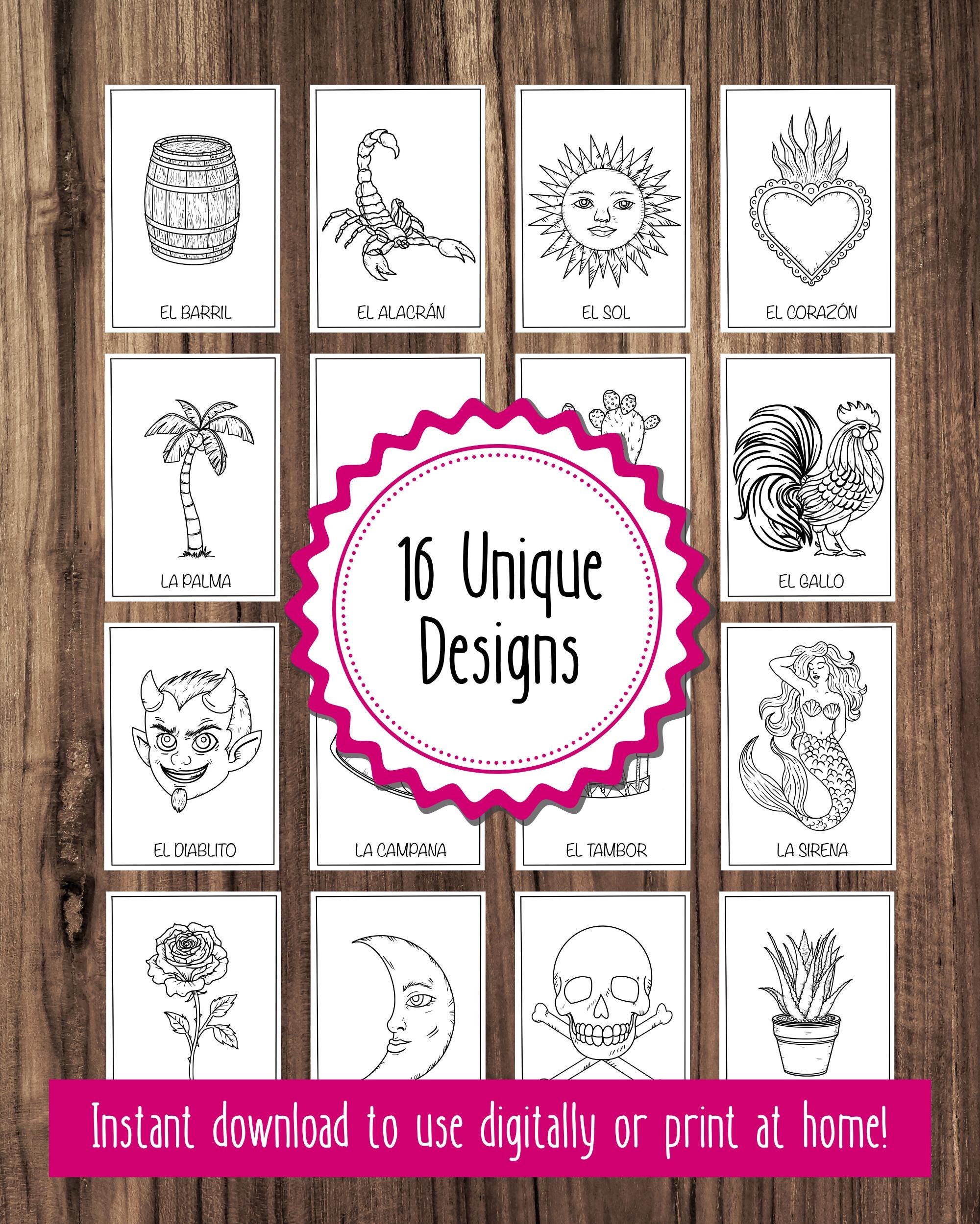 16 Lotería Coloring Pages, Mexican Lotería Coloring Pages Bundle, Adult ...