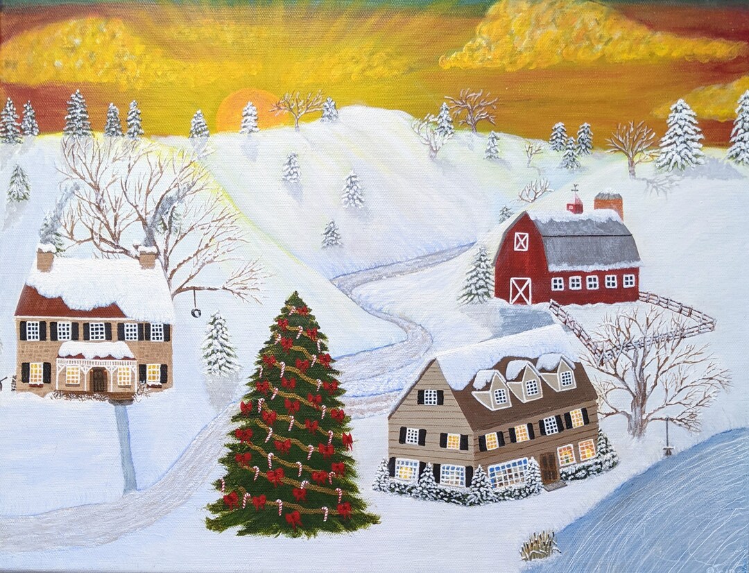 Original Folk Art Landscape Painting, Holiday Village, Winter Scene ...