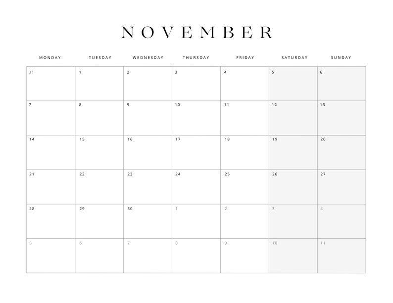 Blank Monthly Calendar Horizontal Printable Calendar Pages - Etsy