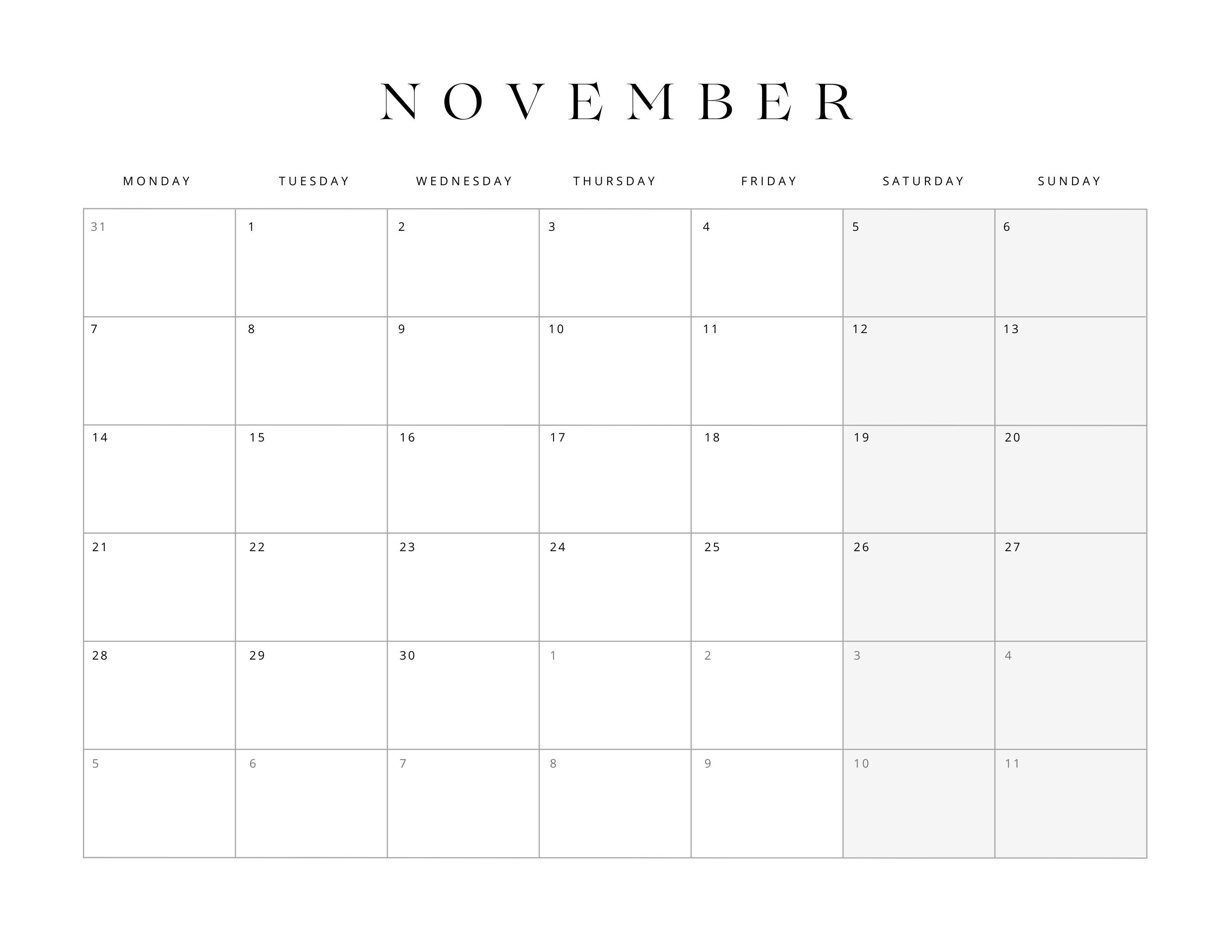 Blank Monthly Calendar, Horizontal Printable Calendar Pages, Instant ...