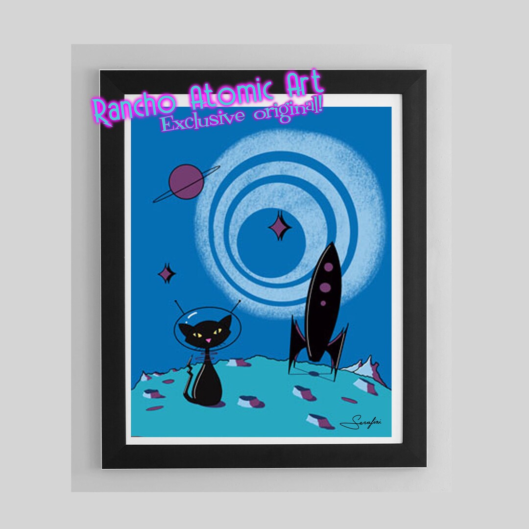 Mid Century Cat Art Print, Retro Vintage Style Atomic Astronaut Black ...