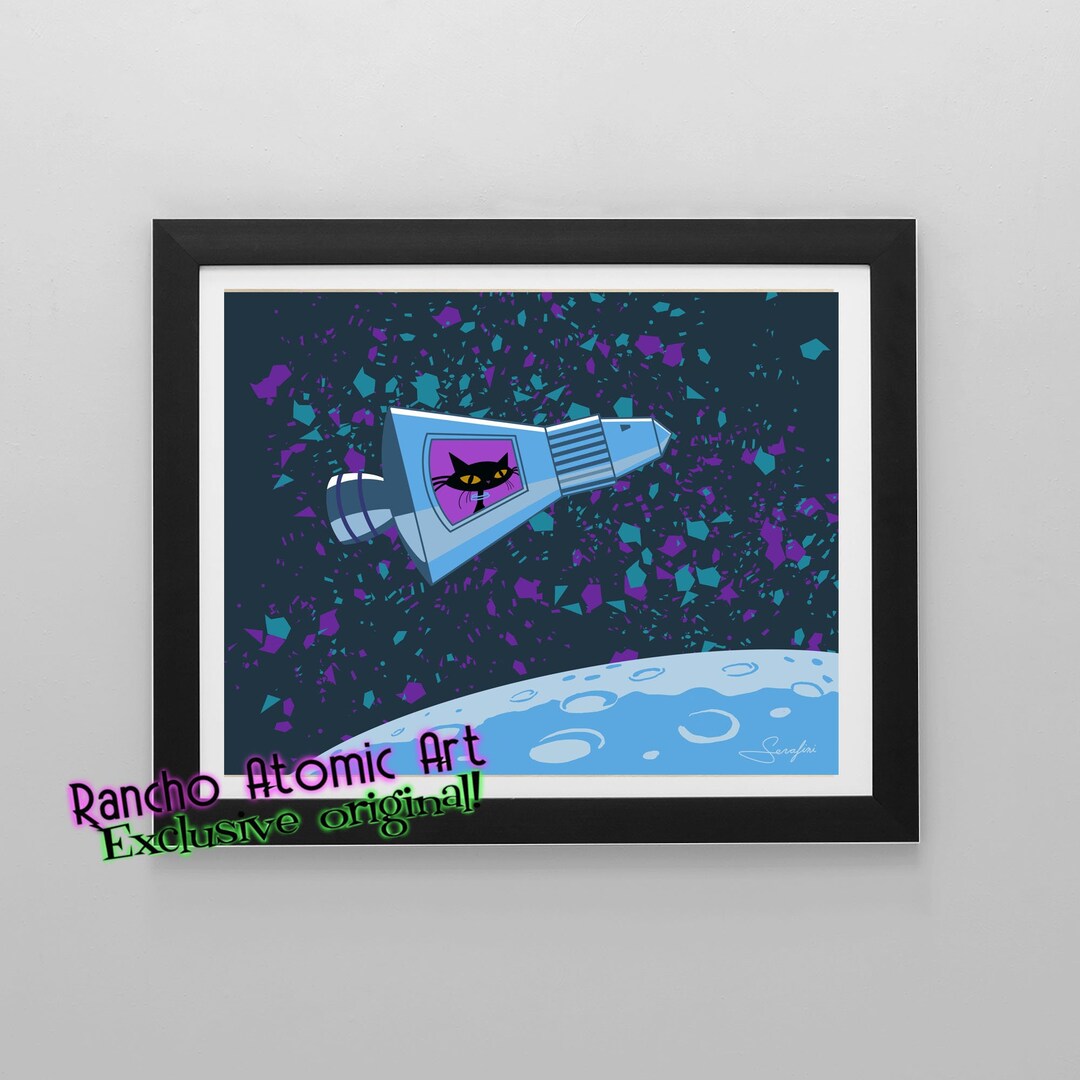 Mid Century Cat Art Print, Retro Vintage Style Atomic Astronaut Black ...
