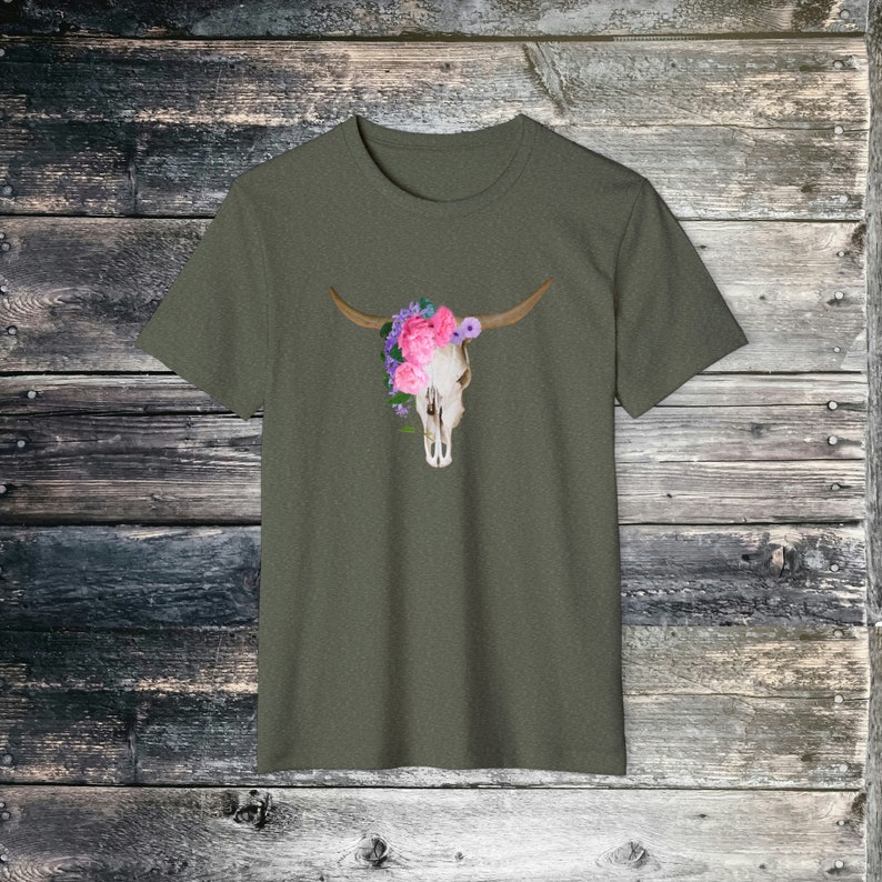 Country Long Horn Western Gothic Cow Skull With Flowers Shirt, Western ...