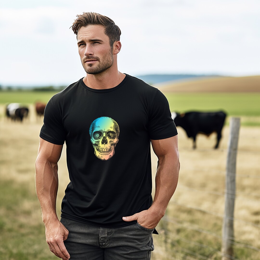 Colorful Gradient Gothic Skull Shirt, Rainbow Skull, Blue to Gold ...