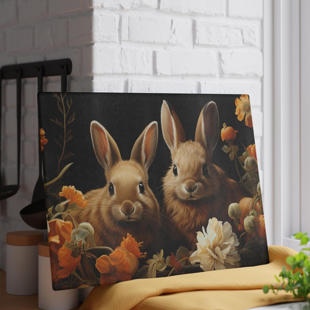 Cottagecore Bunny Rabbit Glass Cutting Board, Animal Art Kitchen Pantry ...