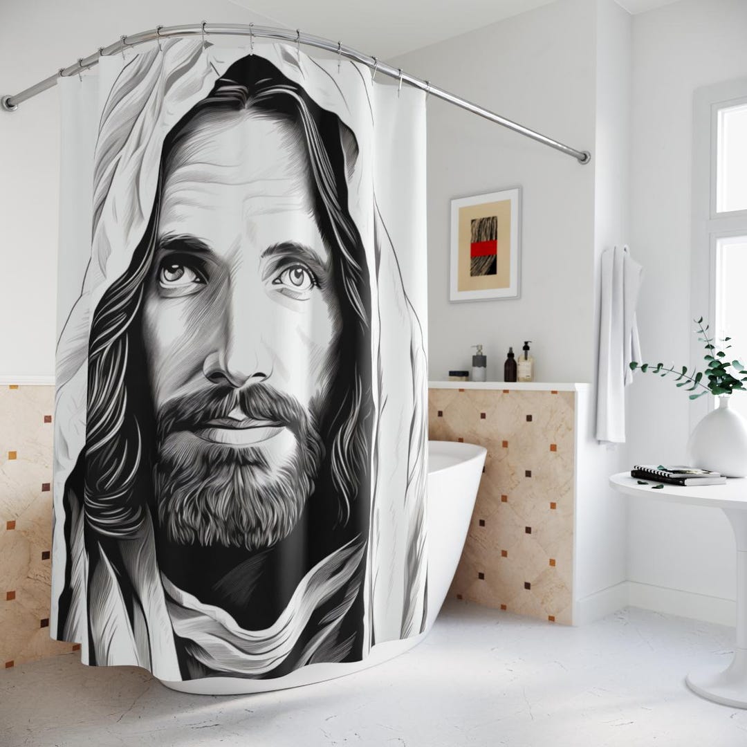 Bible Sketch Jesus Shower Curtain, Christian Art Decor Bathroom ...