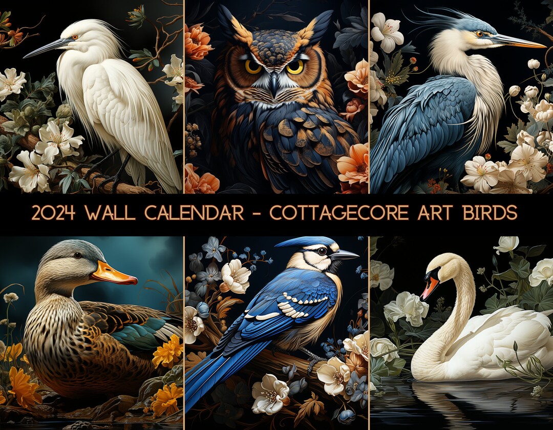 2024 Wall Calendar, Cottagecore Art Birds, Cottage Core Cubicle Decor ...