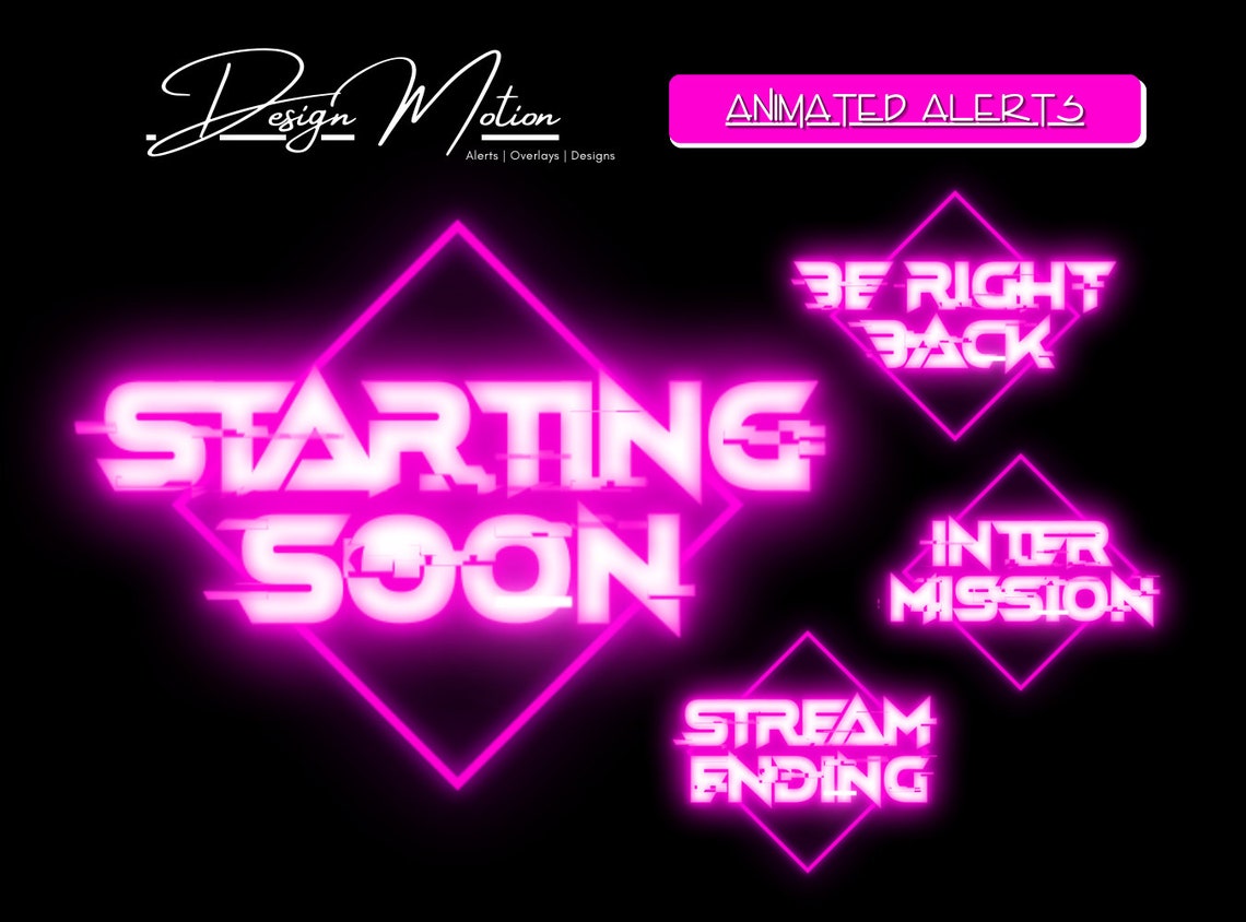 Animated Neon Twitch Glitch Scene Text Starting Soon, Be Right Back ...
