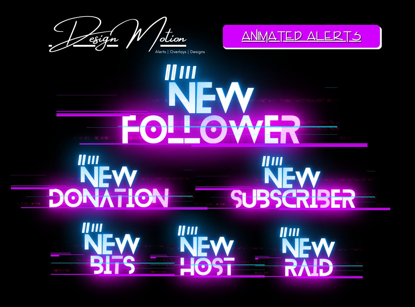 Animated Neon Twitch Glitch Stream Alerts in Blue and Purple Follower ...