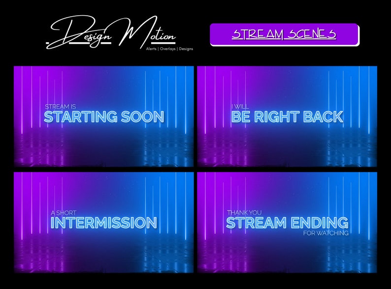 Animated Neon Twitch Scenes, Starting Soon, Be Right Back, Intermission ...