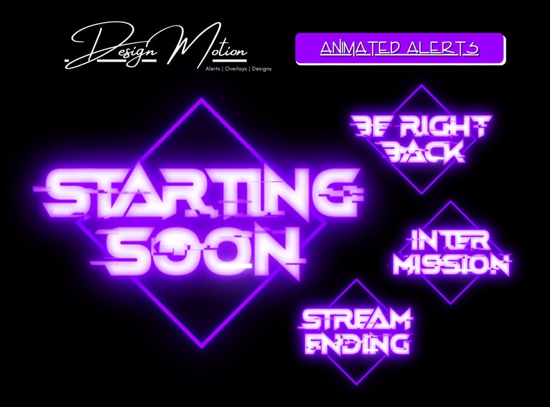 Animated Neon Purple Glitch Scene Text Starting Soon, Be Right Back ...