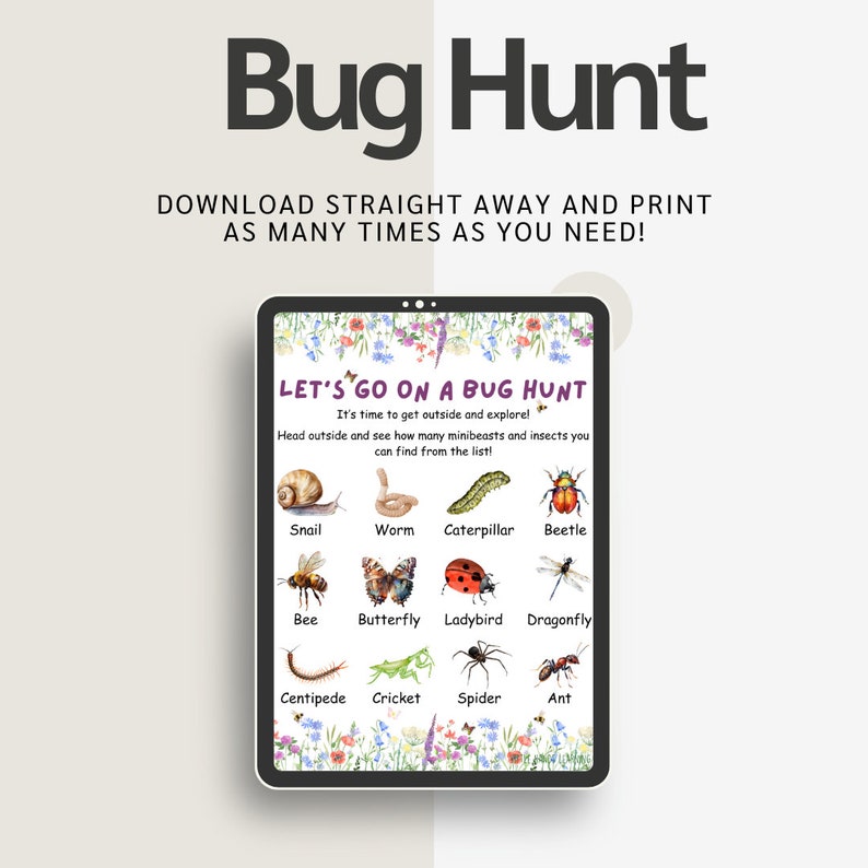 Bug Hunt, Minibeast Scavenger Hunt Printable, Garden Party Game, Nature ...