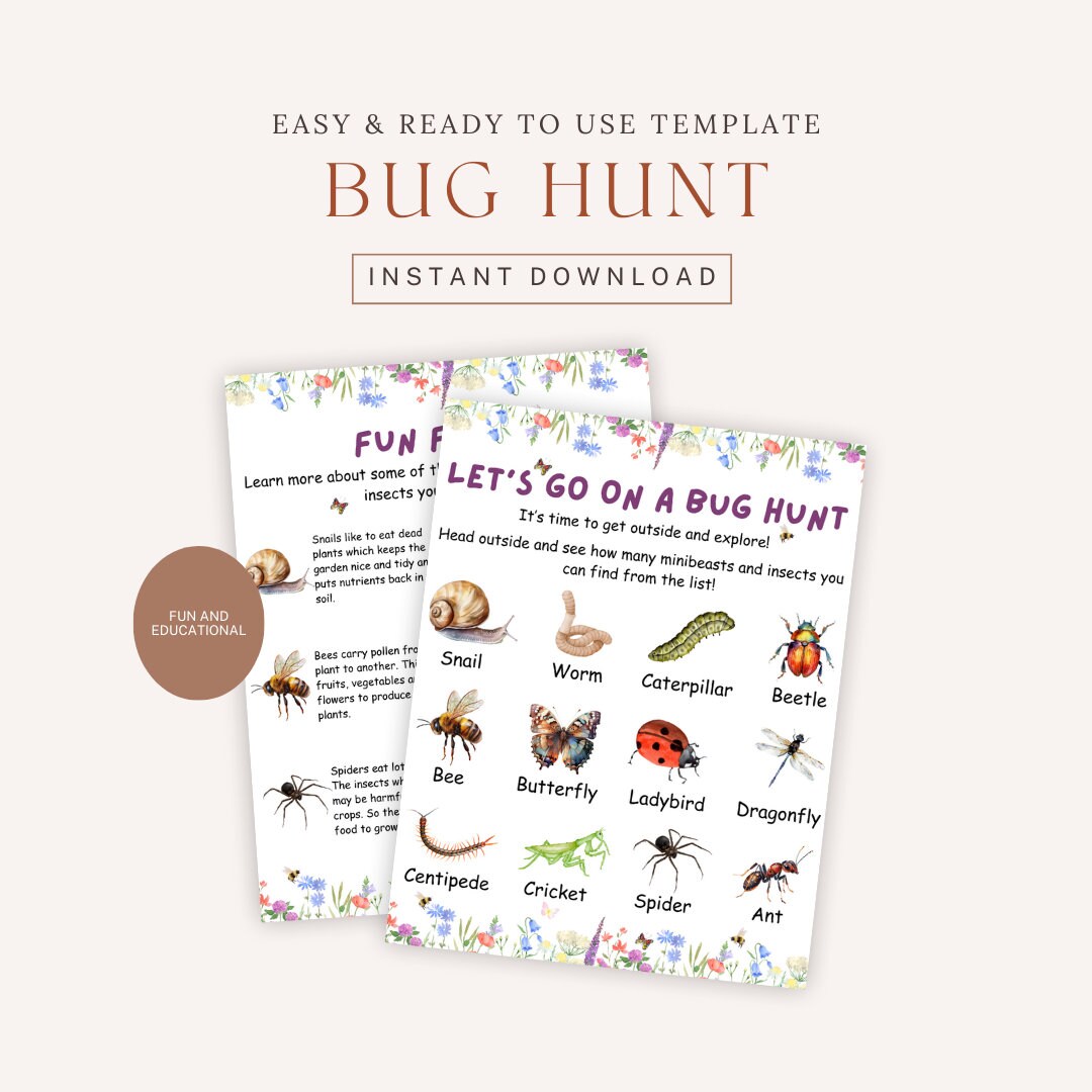 Bug Hunt, Minibeast Scavenger Hunt Printable, Garden Party Game, Nature ...