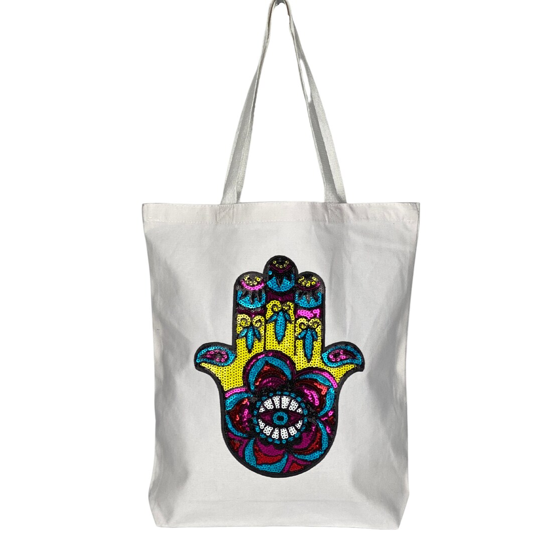 Hamsa Hand Canvas Tote Bag: Colorful Evil Eye Design - Etsy