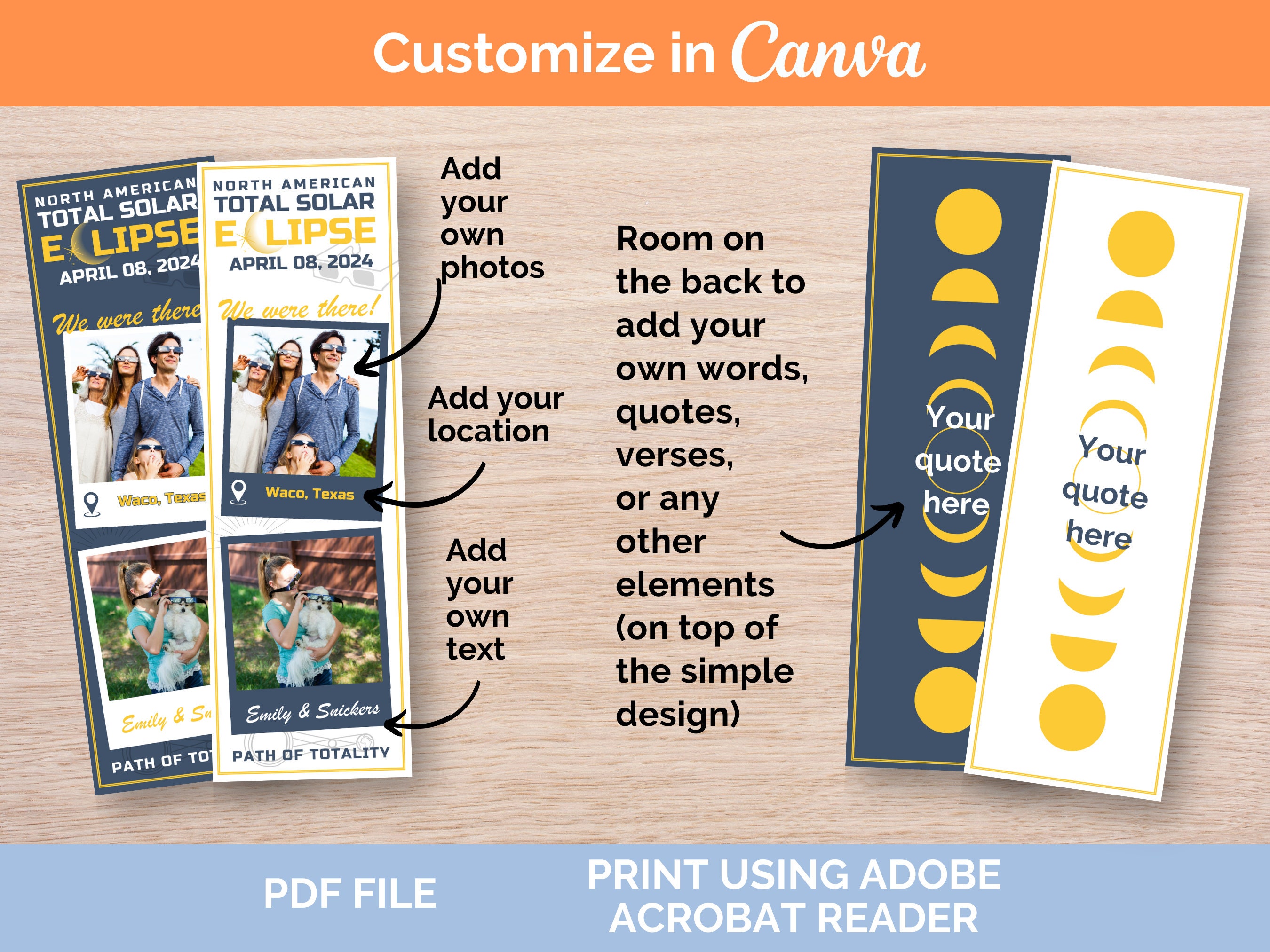 Solar Eclipse 2024, Custom Bookmark, Memory Keepsake, Photo Bookmark ...