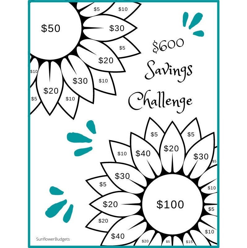 Sunflower Savings, Savings Challenge, 600 Dollar Savings Challenge - Etsy