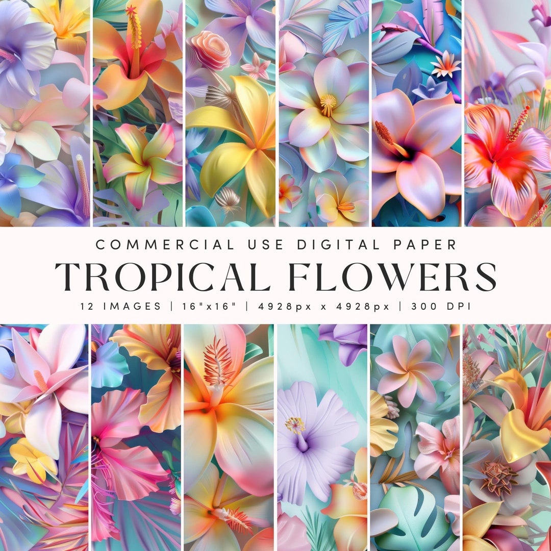 Tropical Flowers Digital Paper | Scrapbook & Junk Journal Paper | Printable Floral Paper for ...