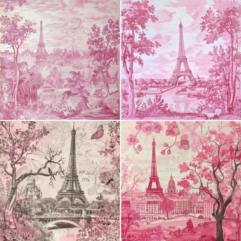 Pink Paris Toile Digital Paper Pack, Scrapbook Backgrounds, Watercolor ...