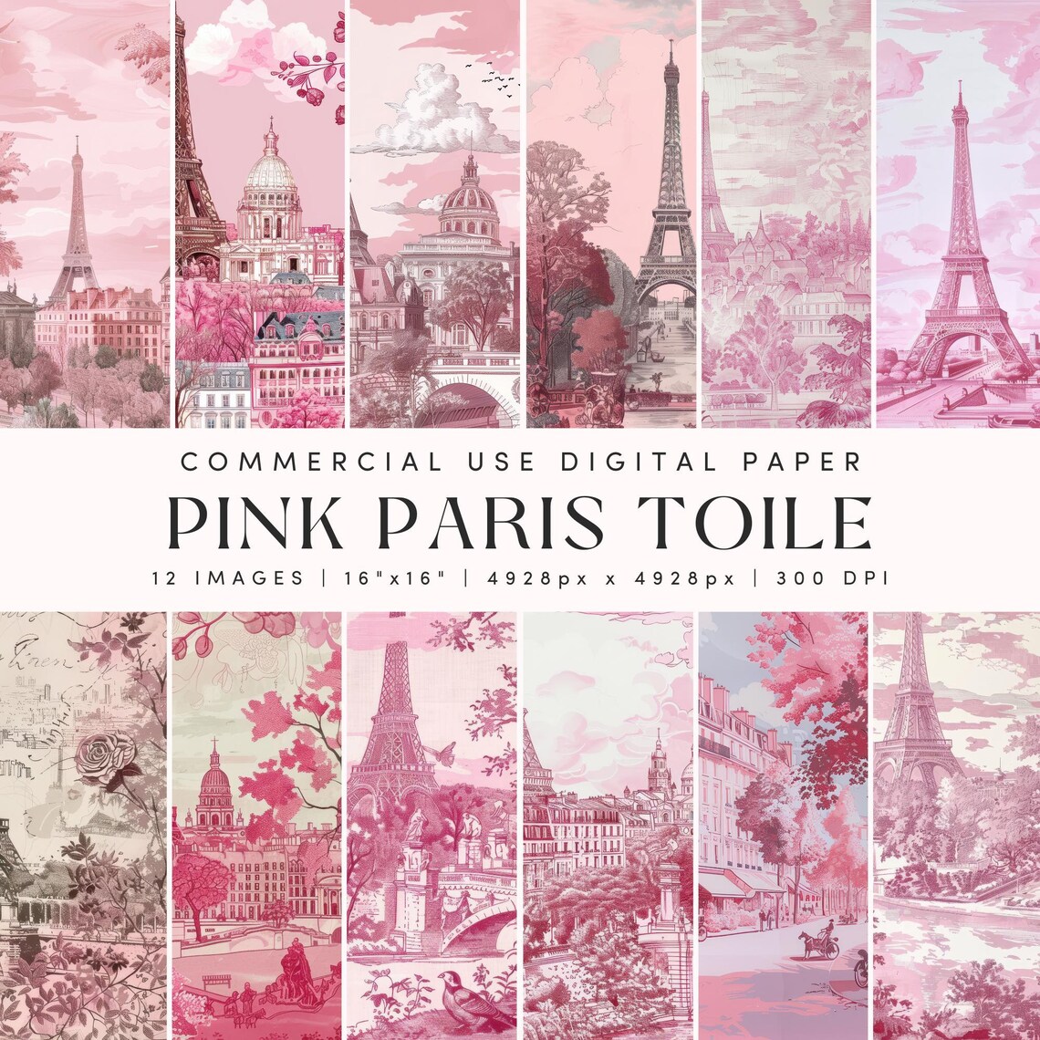 Pink Paris Toile Digital Paper Pack, Scrapbook Backgrounds, Watercolor ...