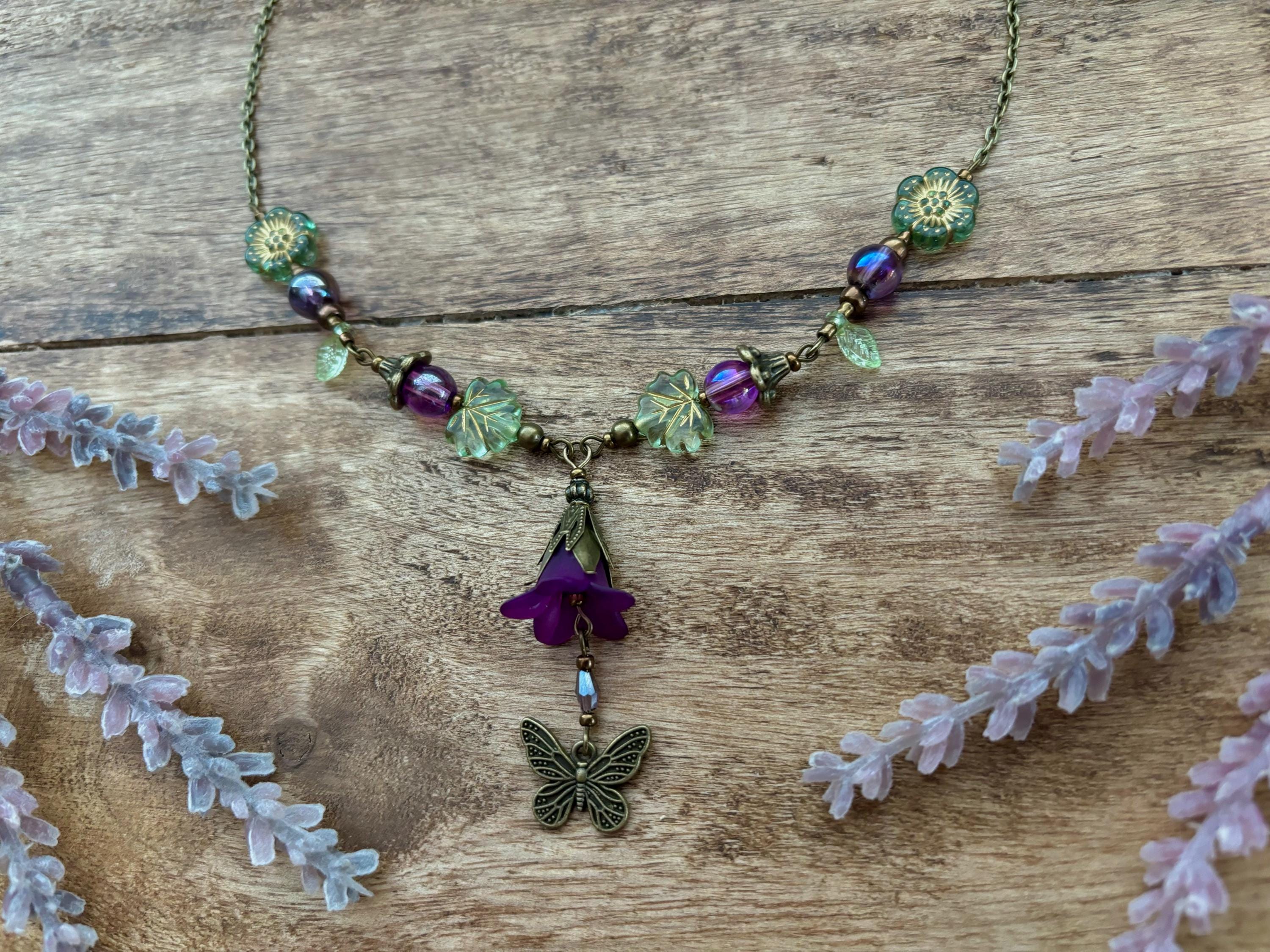 Whimsigoth Purple Tulip Flower Butterfly Beaded Necklace in Bronze ...
