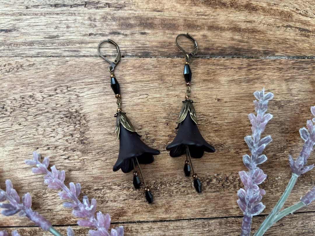 Whimsigoth Black Trumpet Flower Chandelier Earrings | Goth | Whimsical ...
