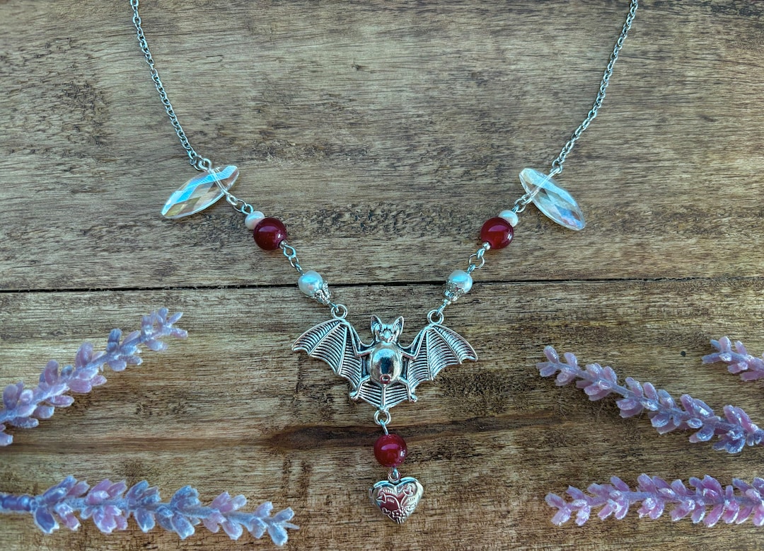 Romantic Goth Heart Locket Bat Beaded Necklace in Silver | Gothic ...