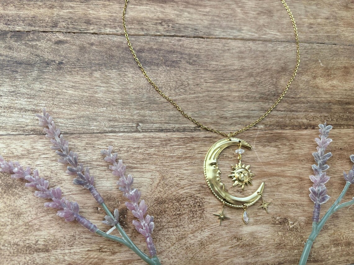 Whimsigoth Solid Brass Moon and Sun Chandelier Pendant on a 18k Gold ...