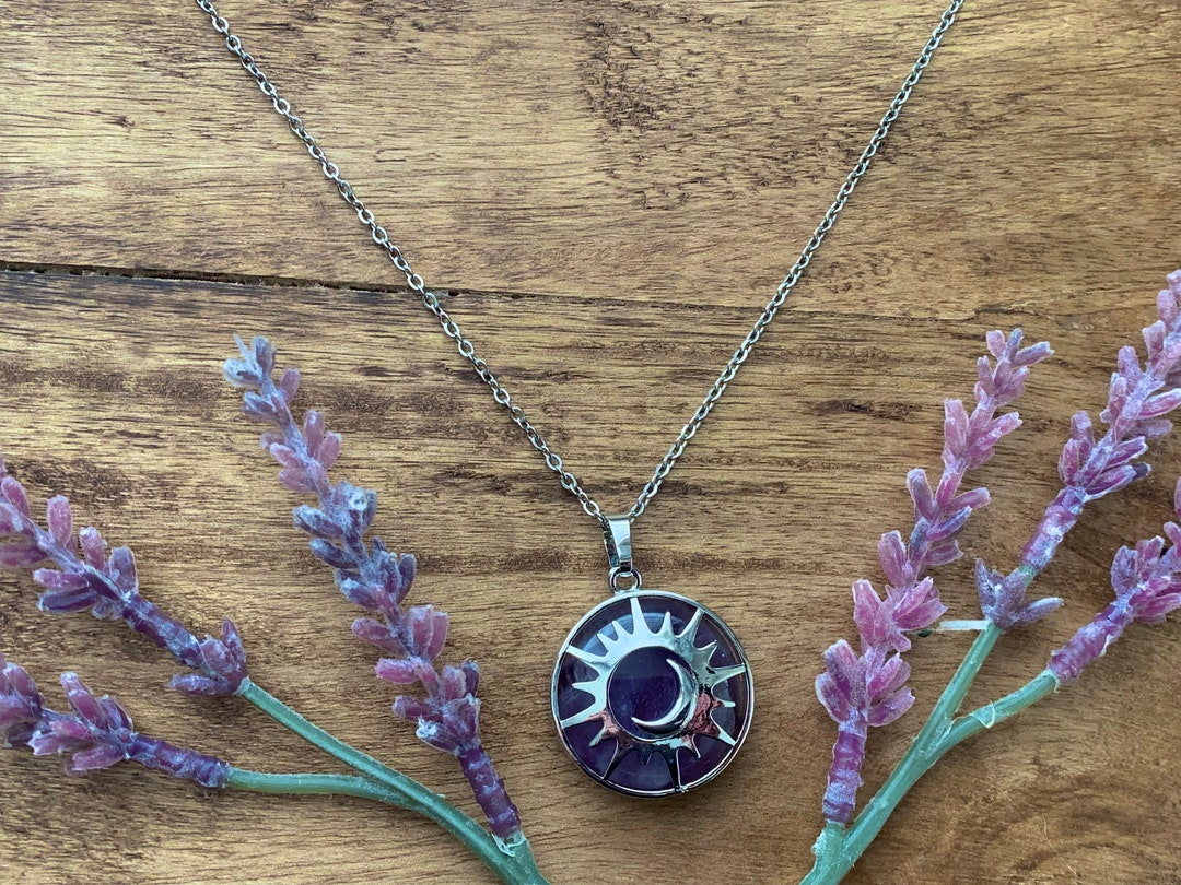 Celestial Sun Moon Amethyst Crystal Necklace With Stainless Steel Chain ...