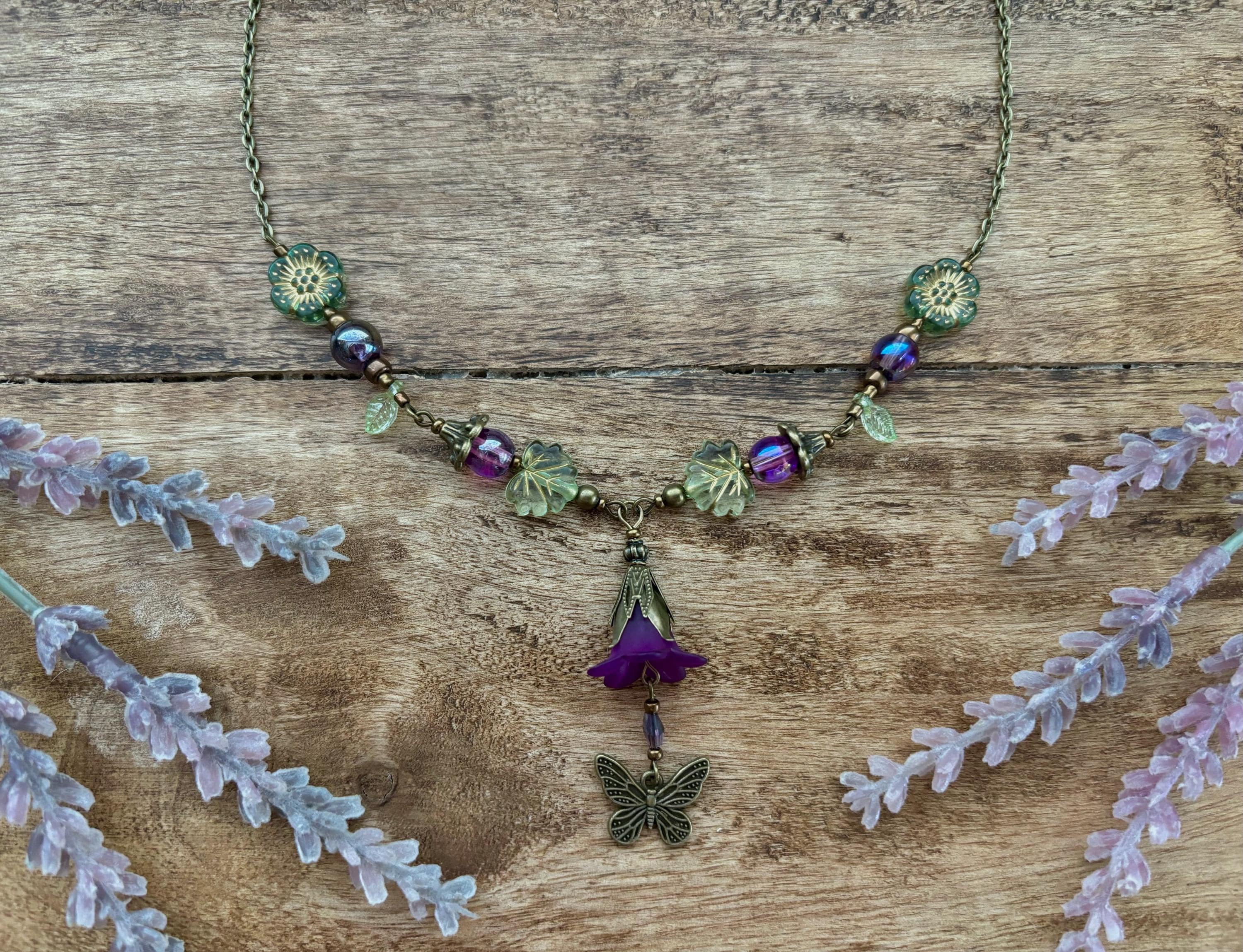 Whimsigoth Purple Tulip Flower Butterfly Beaded Necklace in Bronze ...
