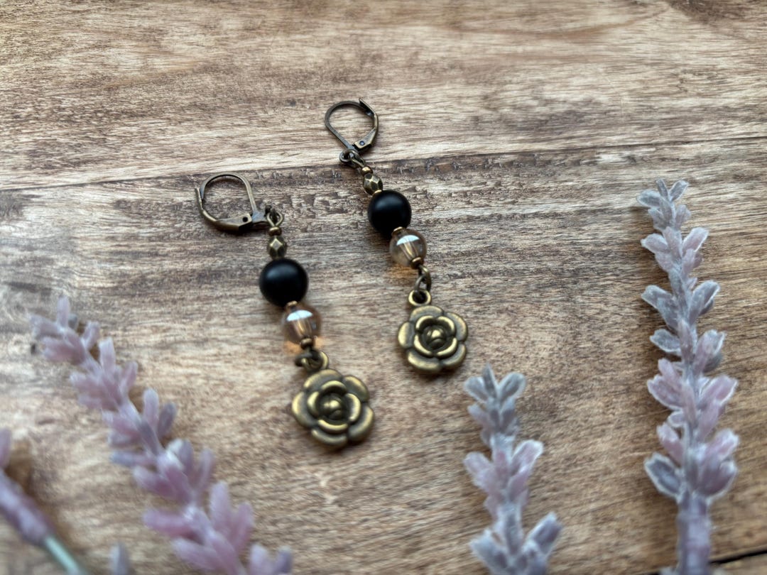 Whimsigoth Beaded Rose Flower Dangling Earrings in Bronze| Fairycore ...