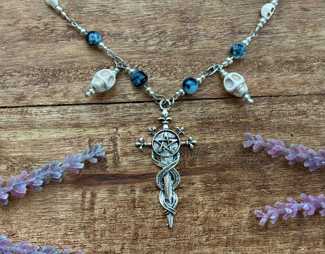 Grunge Pentagram Serpentine Skull Sword Beaded Necklace | Gothic ...