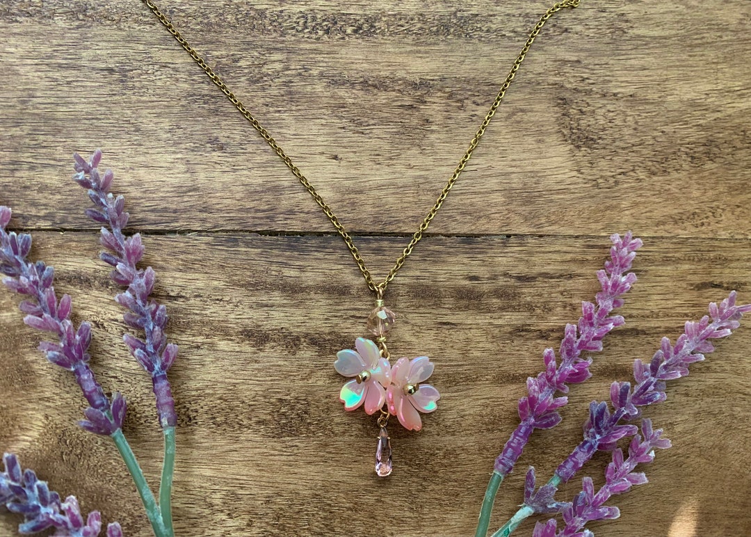 Whimsigoth Floral Cherry Blossom Flower Dangling Necklace in 18k Gold ...