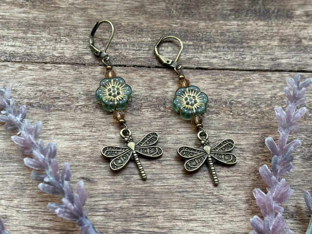 Whimsigoth Green Floral Dragonfly Flower Dangling Earrings in Bronze ...